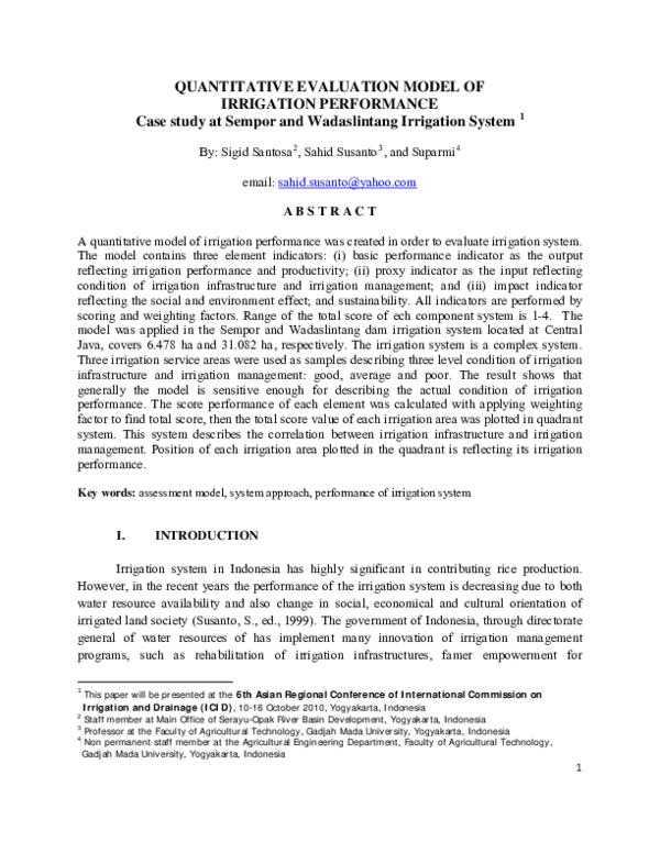 (PDF) QUANTITATIVE EVALUATION MODEL OF IRRIGATION PERFORMANCE Case study at Sempor and ...