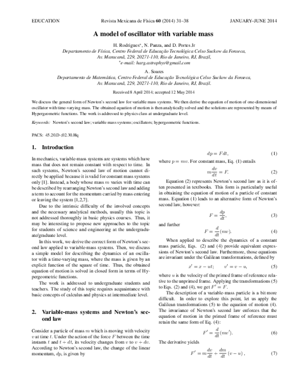 (PDF) A model of oscillator with variable mass