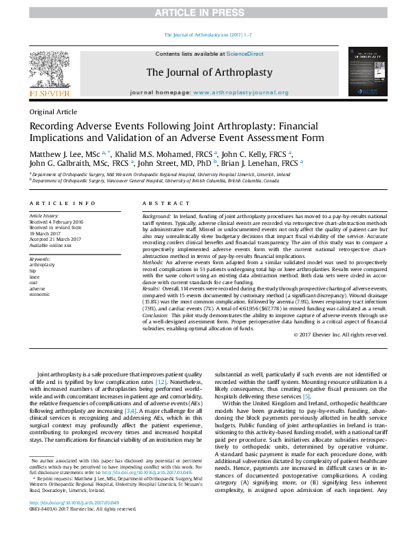 (PDF) Recording Adverse Events Following Joint Arthroplasty: Financial ...
