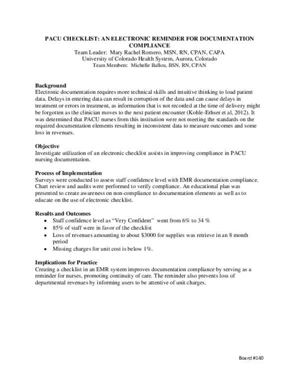 (PDF) PACU Checklist: An Electronic Reminder for Documentation Compliance