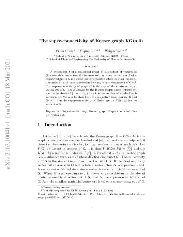 (PDF) The super-connectivity of Kneser graph KG(n,3)