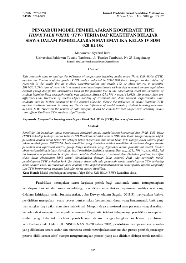 (PDF) Pengaruh Model Pembelajaran Kooperatif Tipe Think Talk Write (TTW) Terhadap Keaktifan ...