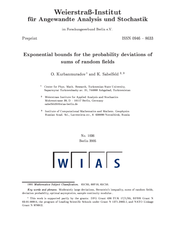 (PDF) Exponential bounds for the probability deviations of sums of random fields