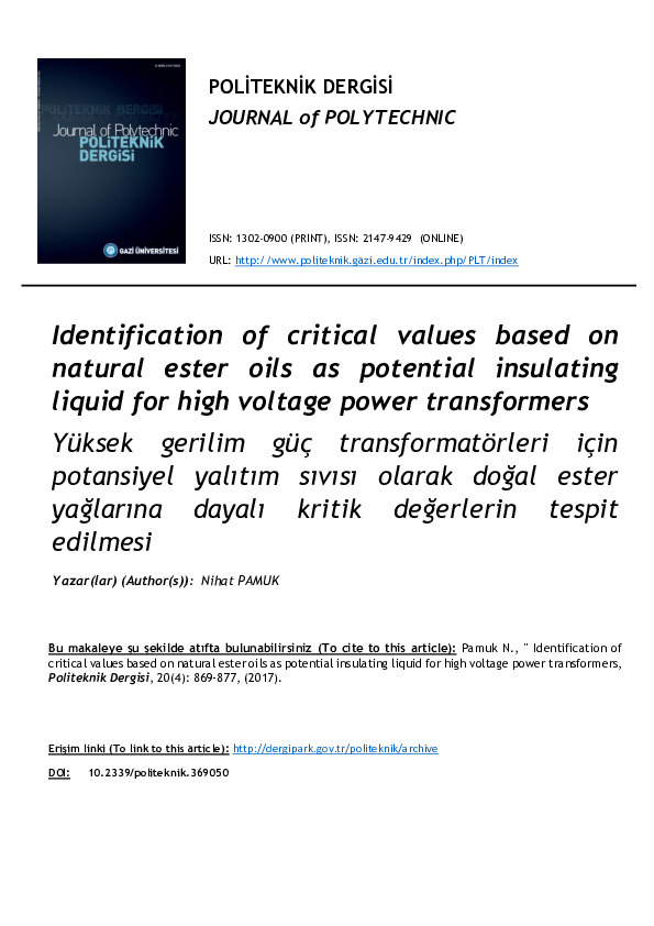 Pdf Identification Of Critical Values Based On Natural Ester Oils As Potential Insulating