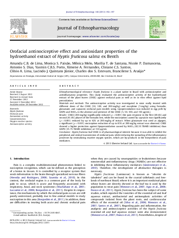 (PDF) Orofacial antinociceptive effect and antioxidant properties of ...