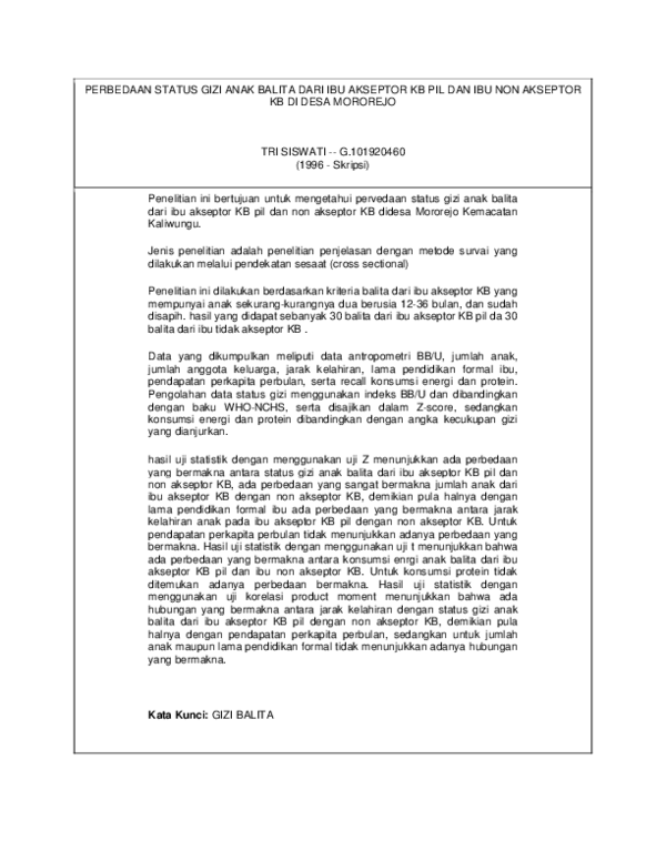 (PDF) Perbedaan Status Gizi Anak Balita Dari Ibu Akseptor KB Pil Dan Ibu Non Akseptor KB DI Desa ...