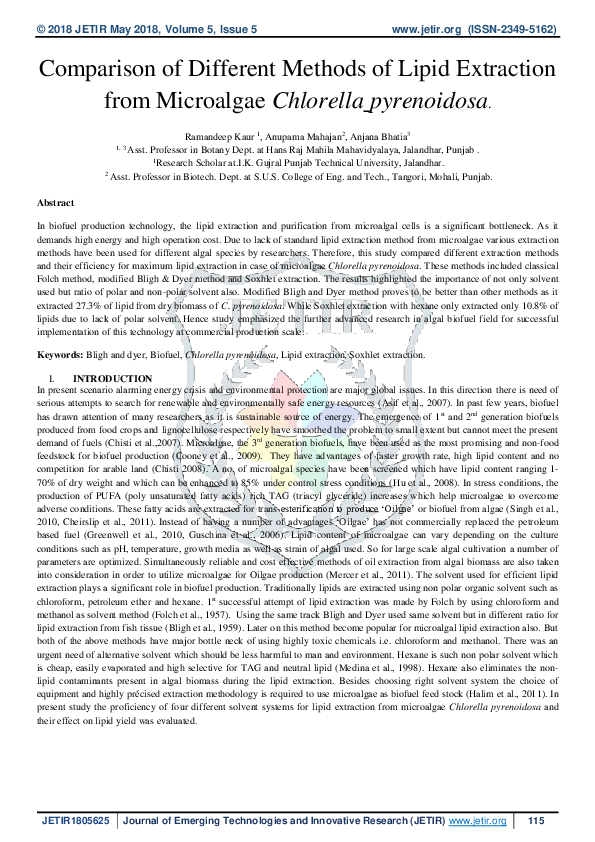 (PDF) COMPARISON OF DIFFERENT METHODS OF LIPID EXTRACTION FROM MICROALGAE Chlorella pyrenoidosa