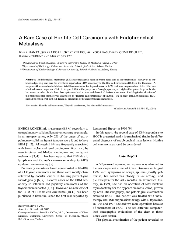(PDF) A Rare Case of Hurthle Cell Carcinoma with Endobronchial Metastasis