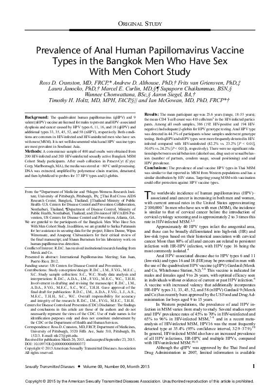 Pdf Prevalence Of Anal Human Papillomavirus Vaccine Types In The 6580