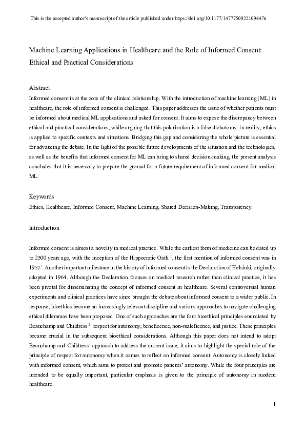 (PDF) Machine learning applications in healthcare and the role of informed consent: Ethical and ...