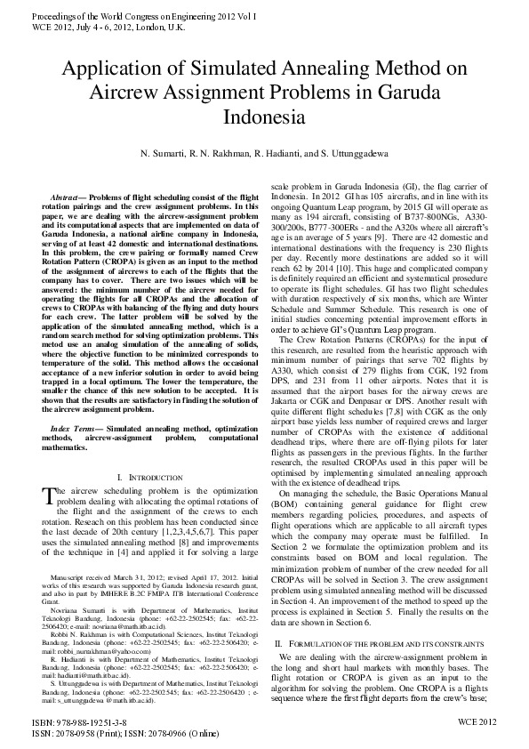 Pdf Application Of Simulated Annealing Method On Aircrew Assignment Problems In Garuda Indonesia 9141