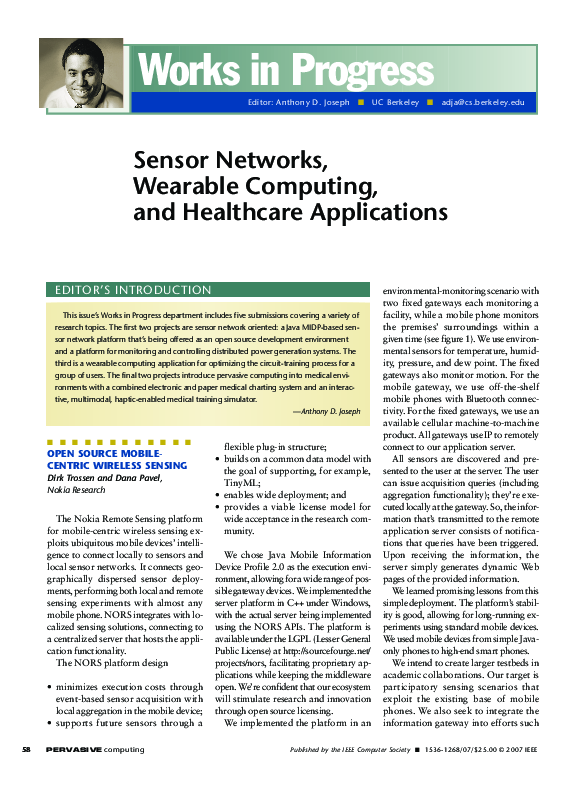 (PDF) Sensor Networks, Wearable Computing, and Healthcare Applications
