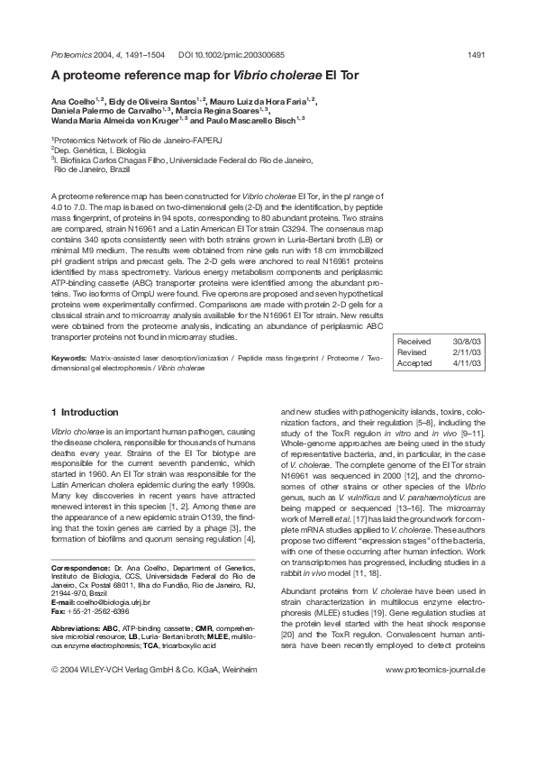 (PDF) Proteome Map of Vibrio cholerae El Tor Strains N16961 and C3294 (PDF) Proteome Map of Vibrio cholerae El Tor Strains N16961 and C3294