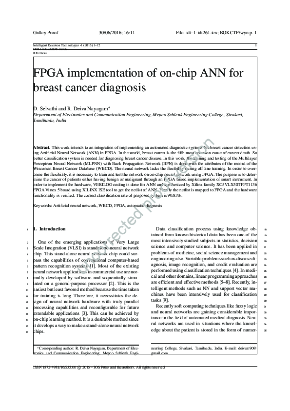 (PDF) FPGA implementation of on-chip ANN for breast cancer diagnosis (PDF) FPGA implementation of on-chip ANN for breast cancer diagnosis