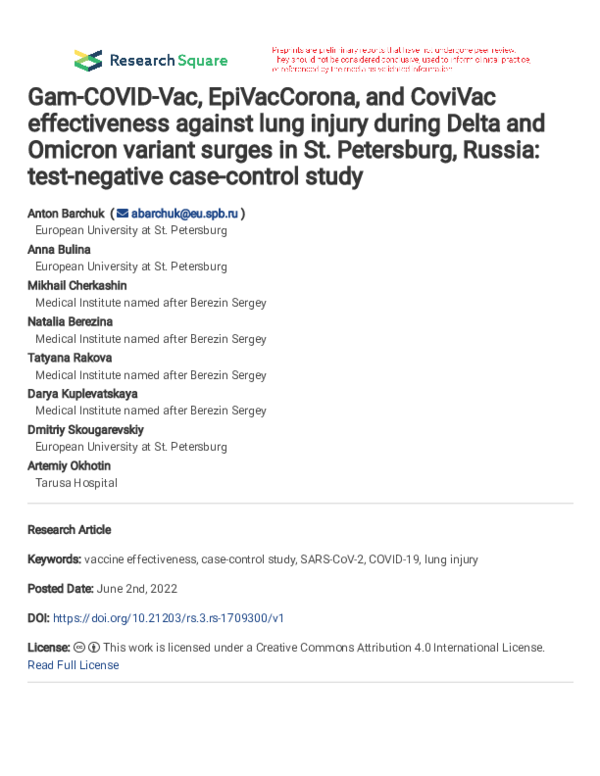 (PDF) Gam-COVID-Vac, EpiVacCorona, and CoviVac effectiveness against ...