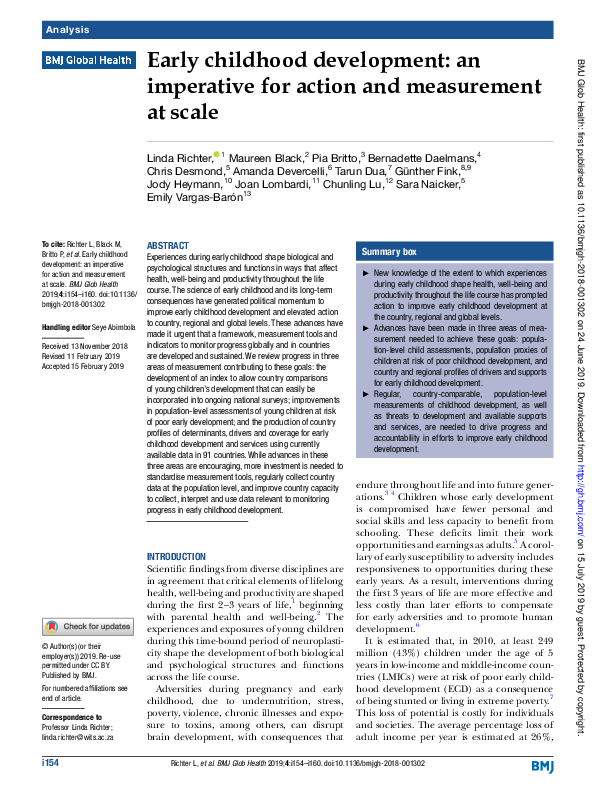 (PDF) Early childhood development: an imperative for action and measurement at scale