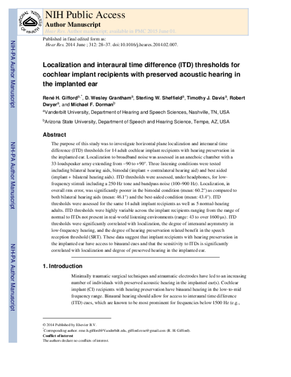 (PDF) Localization and interaural time difference (ITD) thresholds for cochlear implant ...