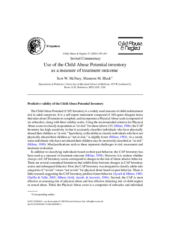 (PDF) Use of the Child Abuse Potential inventory as a measure of ...