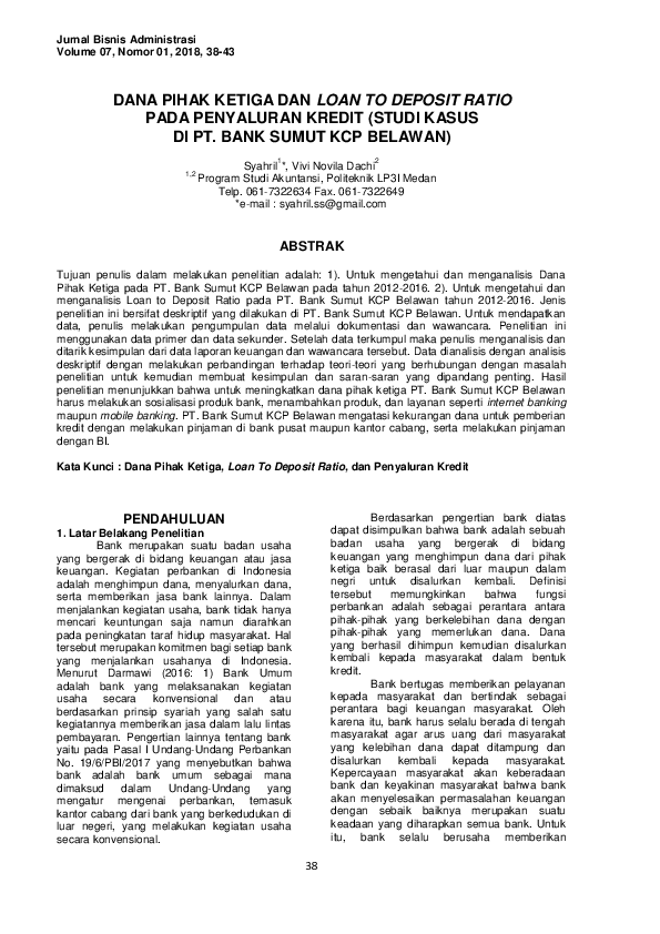 (PDF) Dana Pihak Ketiga Dan Loan to Deposit Ratio Pada Penyaluran Kredit (Studi Kasus DI Pt ...