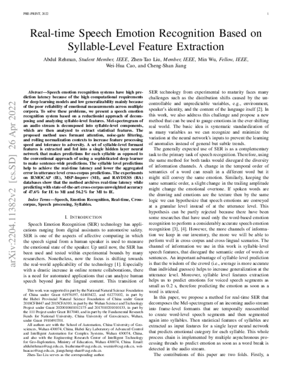Pdf Real Time Speech Emotion Recognition Based On Syllable Level Feature Extraction