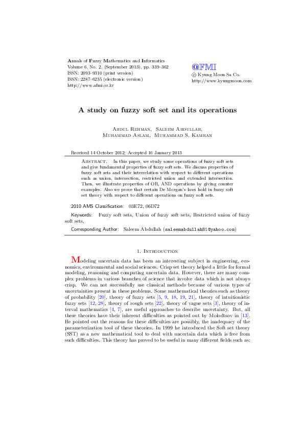 (PDF) A study on fuzzy soft set and its operations