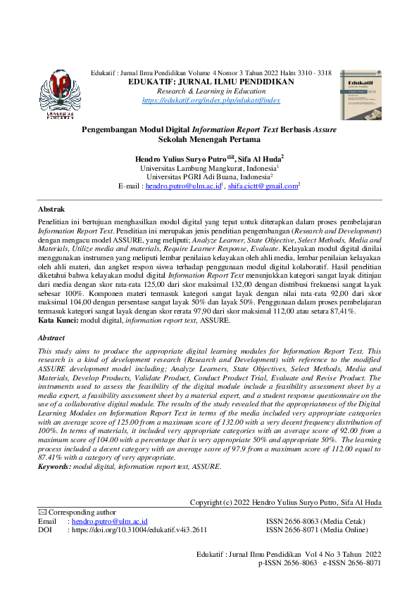 (PDF) Pengembangan Modul Digital Information Report Text Berbasis Assure Sekolah Menengah Pertama