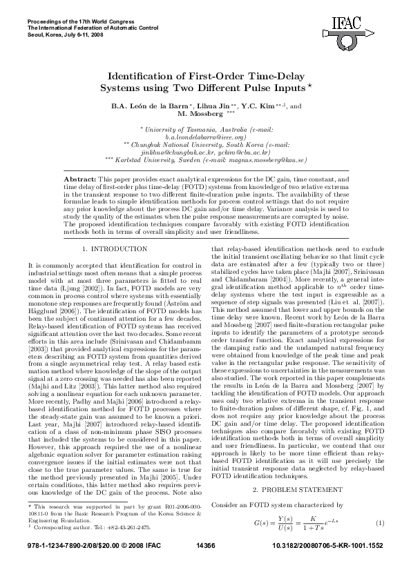 (PDF) Identification of First-Order Time-Delay Systems using Two Different Pulse Inputs