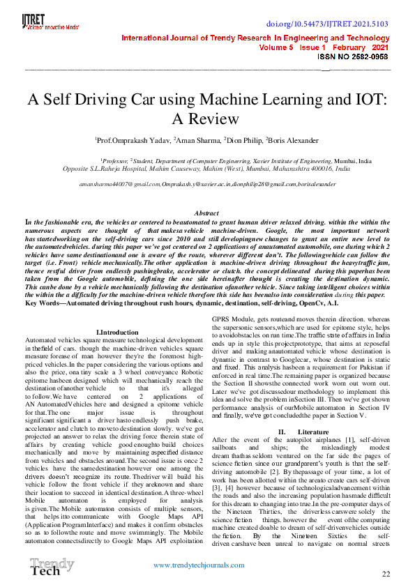 (PDF) A Self Driving Car using Machine Learning and IOT: A Review