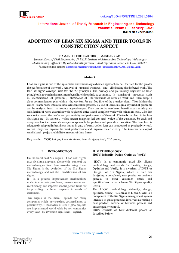 (PDF) ADOPTION OF LEAN SIX SIGMA AND THEIR TOOLS IN CONSTRUCTION ASPECT
