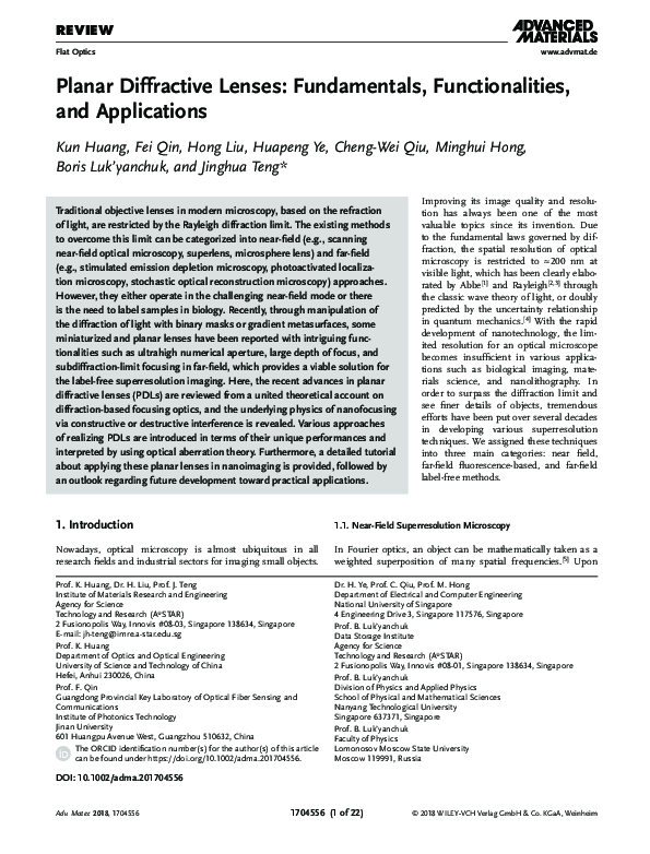 (PDF) Planar Diffractive Lenses: Fundamentals, Functionalities, and Applications