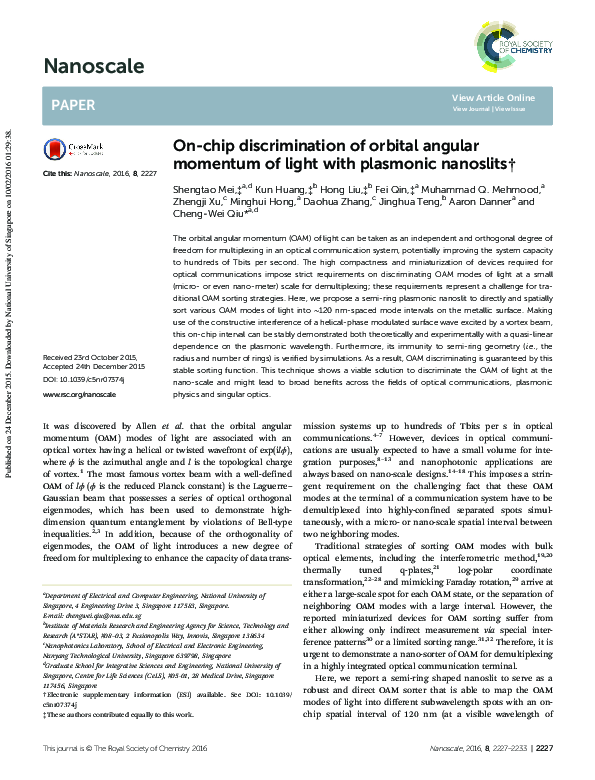 Pdf On Chip Discrimination Of Orbital Angular Momentum Of Light With