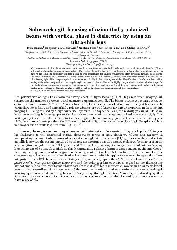 (PDF) Subwavelength focusing of azimuthally polarized beams with ...