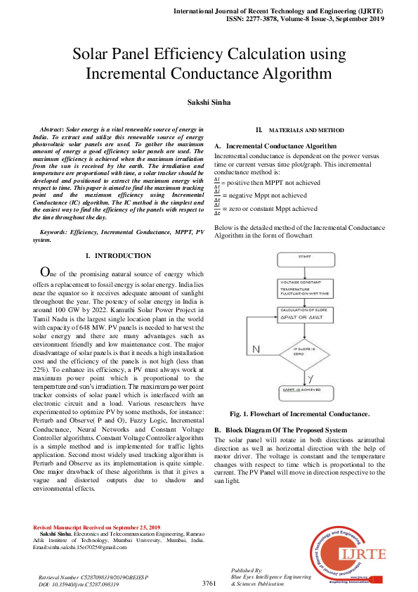 (PDF) Solar Panel Efficiency Calculation using Incremental Conductance Algorithm