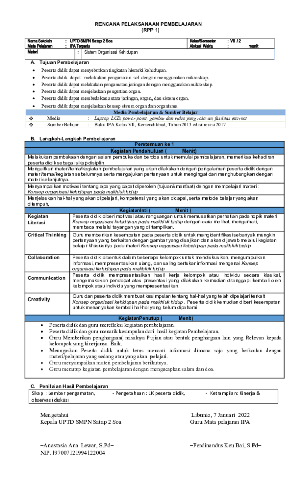(DOC) RENCANA PELAKSANAAN PEMBELAJARAN (RPP 1) Nama Sekolah : UPTD SMPN ...