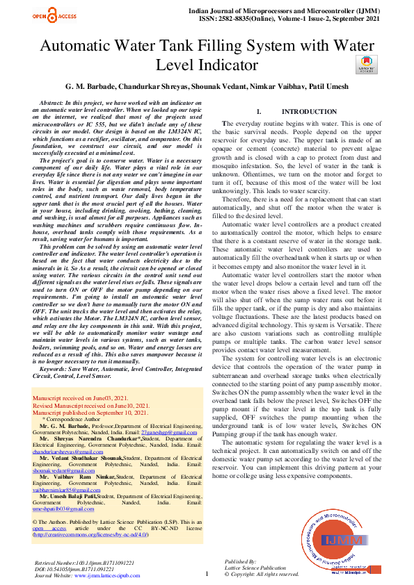 (PDF) Automatic Water Tank Filling System with Water Level Indicator