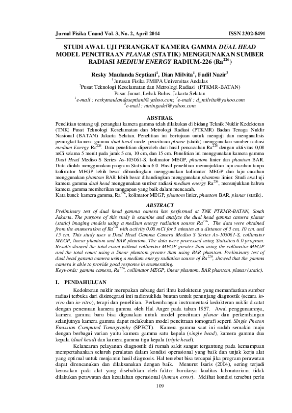 (PDF) Studi Awal Uji Perangkat Kamera Gamma Dual Head Model Pencitraan Planar (Statik ...