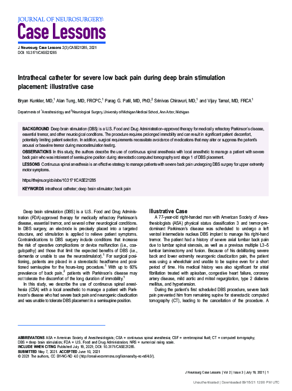(PDF) Intrathecal catheter for severe low back pain during deep brain ...