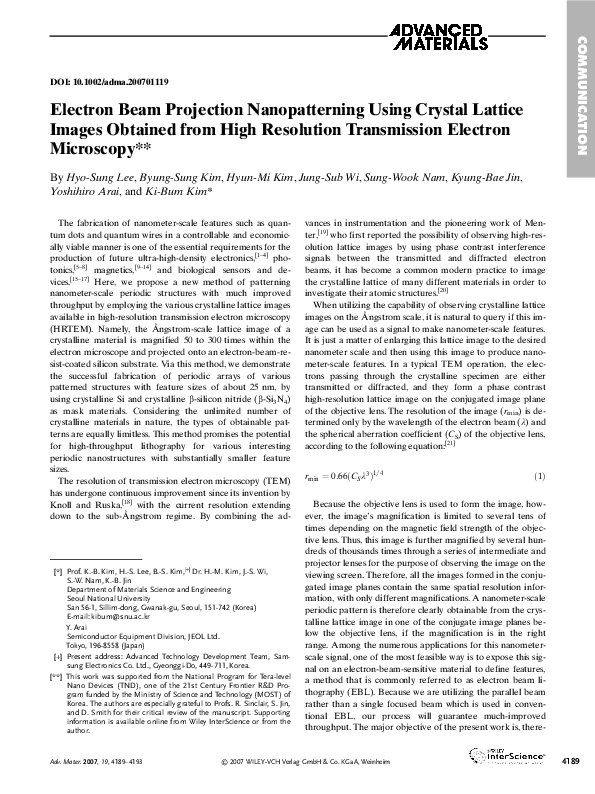 Pdf Electron Beam Projection Nanopatterning Using Crystal Lattice Images Obtained From High