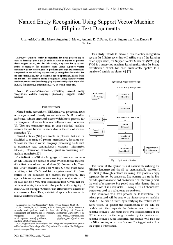 Pdf Named Entity Recognition Using Support Vector Machine For