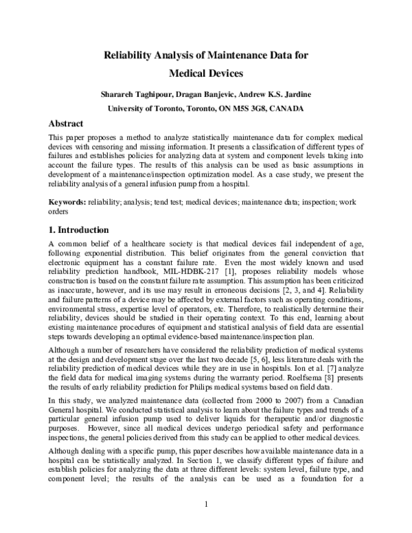 (PDF) Reliability Analysis of Maintenance Data for Medical Devices