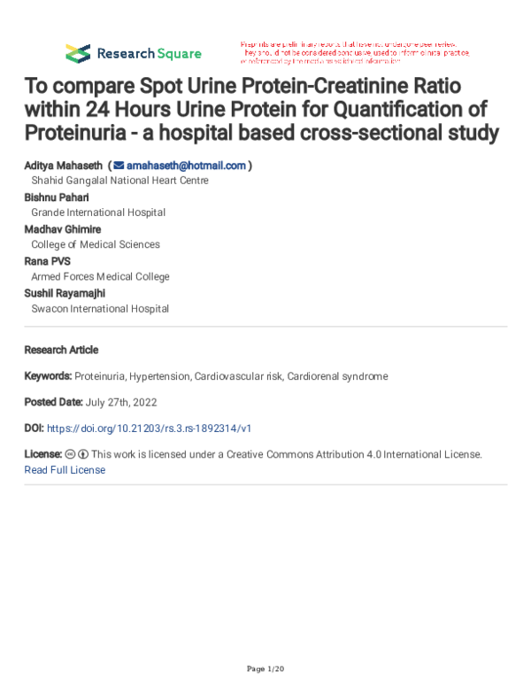 (PDF) To compare Spot Urine Protein-Creatinine Ratio within 24 Hours ...