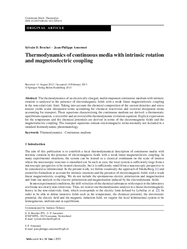 (PDF) Thermodynamics of continuous media with intrinsic rotation and magnetoelectric coupling