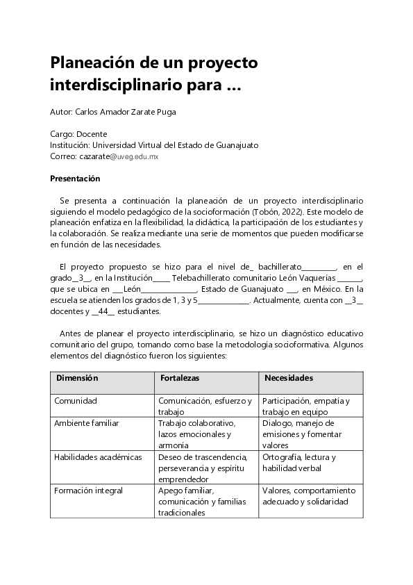 (PDF) Planeación de un proyecto interdisciplinario para
