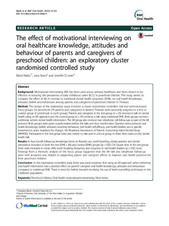 (PDF) The effect of motivational interviewing on oral healthcare knowledge, attitudes and ...