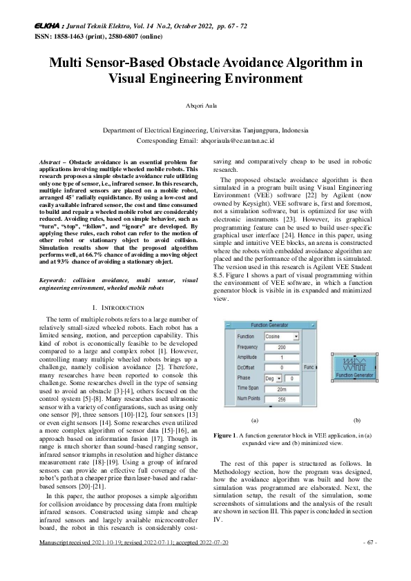 (PDF) Multi Sensor-Based Obstacle Avoidance Algorithm in Visual Engineering Environment