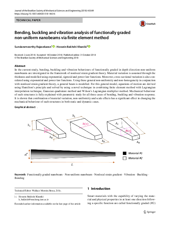 Bending Buckling And Vibration Analysis Of Functionally Graded Non Uniform Nanobeams Via Finite