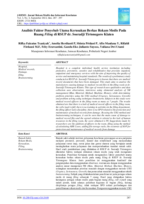 (PDF) ANALISIS FAKTOR PENYEBAB UTAMA KERUSAKAN BERKAS REKAM MEDIS PADA RUANG FILING DI RSUP Dr ...