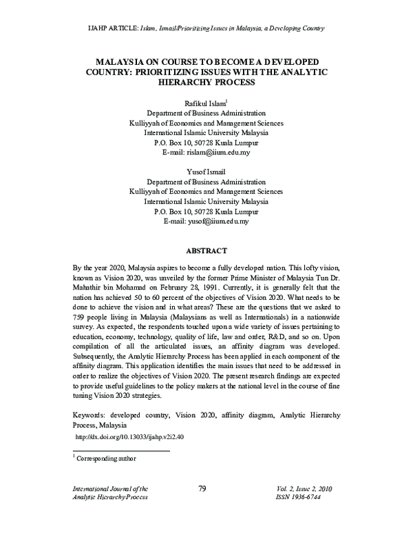 (PDF) Malaysia on Course to Become a Developed Country: Prioritizing Issues with the Analytic ...