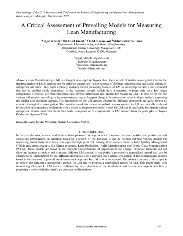 (PDF) A Critical Assessment of Prevailing Models for Measuring Lean Manufacturing