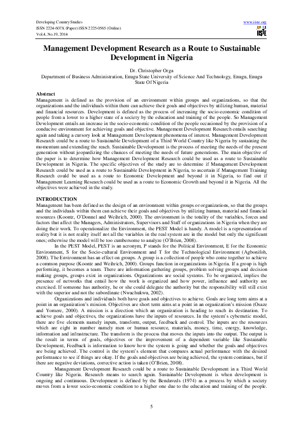 (PDF) Management Development Research as a Route to Sustainable Development in Nigeria